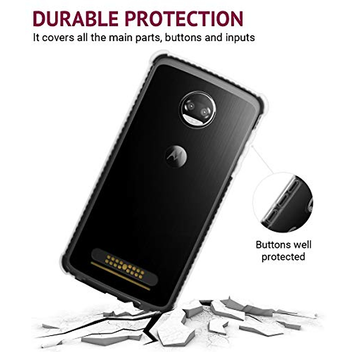 Casewe – Motorola Moto Z2 Force Flexible TPU Protective Bumper Case Cover/Compatible with Moto Mods - Black & Clear