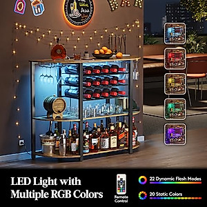 Lifewit Wine Rack Table, Liquor Bar Cabinet with Outlet and LED Light, Freestanding Floor Bar Table with Glass Holder and Wine Rack, Coffee Bar Stand for Home Kitchen Living Dining Room, Rustic Brown