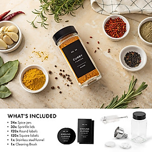 EDELHAUS Glass Spice Jars with Label and Black Lids (24 x 4oz) Spice Containers with 240 Labels, Shaker Inserts, Steel Funnel, Empty Square Empty Square Seasoning Organizer