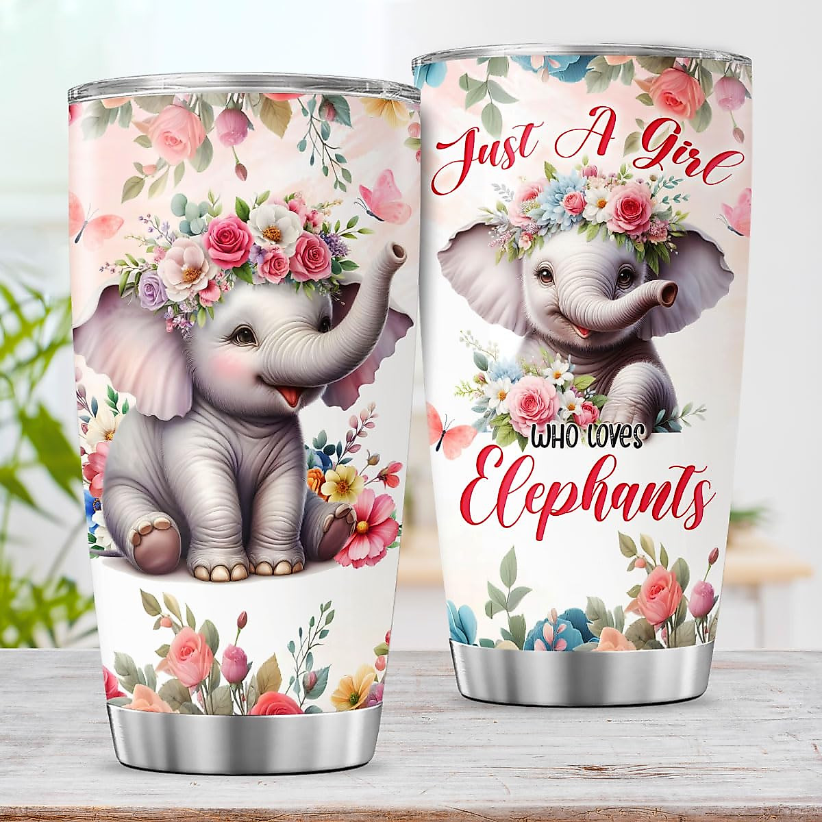 HUBUPU Just A Girl Elephant, Tumbler 20 Oz With Lid And Straw, Floral Flower, Elephant Gifts