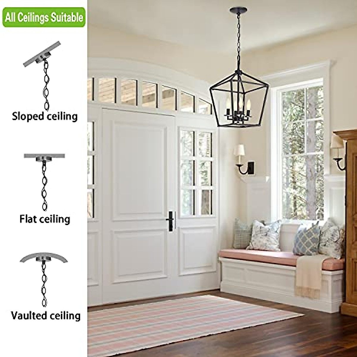 Untrammelife 4-Light Black Lantern Pendant Light, Adjustable Height Square Cage Pendant Hanging Lighting Fixture 11’’ Rustic Lantern Chandelier for Dining Room Kitchen Island Foyer