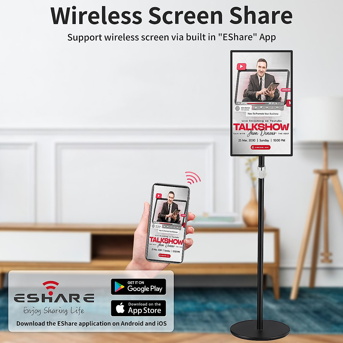 AYSTekMann 15.6" Digital Signage Displays LCD Capacitive Touch Screen Advertising Display with Wireless Screen Mirroring, Digital Advertising Screen with Adjustable Floor Stand - Android 11 4+64GB