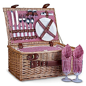 SatisInside Picnic Basket for 2 Wicker Picnic Set with Insulated Liner for Camping,Wedding,Valentine Day,Gift - Reinforced Handle, Red