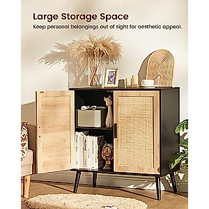 Iwell Boho Sideboard Buffet Cabinet, Kitchen Storage Cabinet with Natural Rattan Door & 2 Adjustable Shelves, Rattan Cabinet, Accent Cabinet for Living Room, Kitchen, Entryway, Black