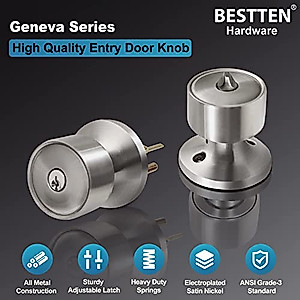 BESTTEN [2 Pack] Geneva Series Door Knob Set, Keyed Different, Entry Door Lock for Exterior and Front Door, Standard Ball, Satin Nickel