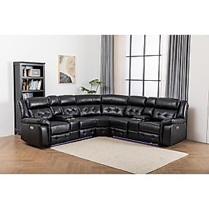 Kingway Power Recliner Chair Sectional Couches with LED Light for Living Room, Electric Faux Leather Reclining Sectional Couch Sets with Storage Console for Home, Black