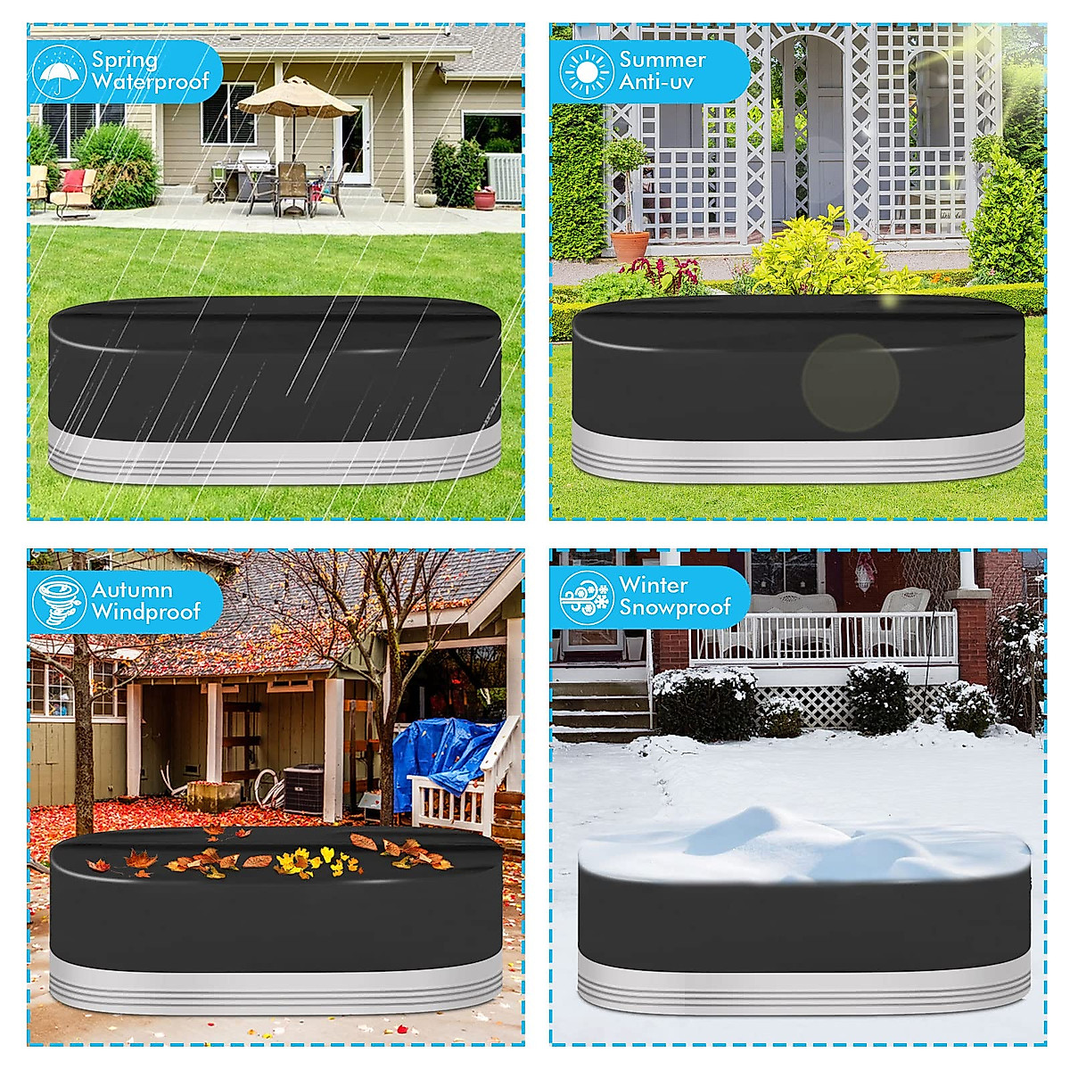 Oval Stock Tank Pool Cover 8 ft, 420D Heavy Duty Waterproof Polyester Oxford, Round Ended Stock Tank, Galvanized Stock Tank Pool Cover to Keep Oval Stock Tank Cold Plunge Pool, Tub, Pool Clean, Black