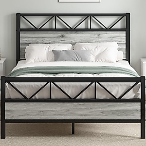 CHABUILDREARK Queen Bed Frame, Industrial 51.2" Platform Bed, Tall Headboard Queen Bed Frame with Strong Metal Support, No Box Spring Needed, Easy Assembly, Wash Grey