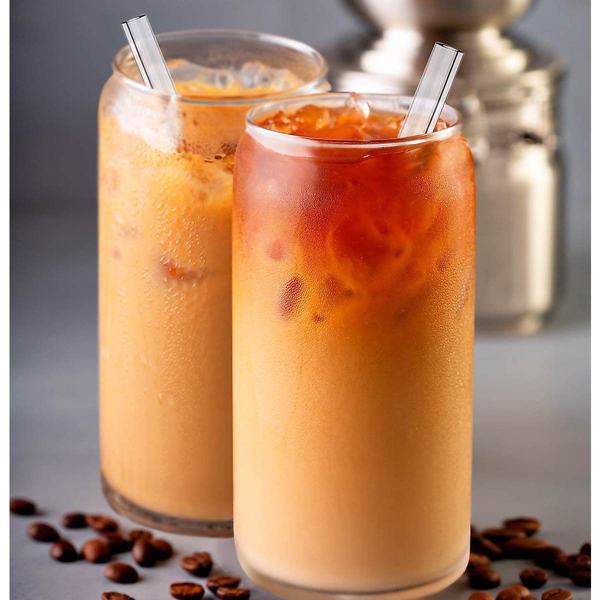 Huge Estate 20 oz Drinking Glass Cups Can Shaped - Set of 2 with 4 Glass Reusable Straws and Bamboo Lids for Iced Coffee Boba Tea Cocktails Beer Wine Water Dessert Glasses Pack of 2 Ideal Gift