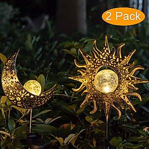 Solar Lights Outdoor Garden Decor,Waterproof Metal Sun Moon Decorative Stakes Crackle Globes Decoration for Walkway,Yard,Lawn,Patio(2 Pack)