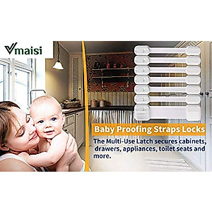 6 Pack Vmaisi Multi-Use Adhesive Straps Locks - Childproofing Baby Proofing Cabinet Latches for Drawers, Fridge, Dishwasher, Toilet Seat, Cupboard, Oven,Trash Can, No Drilling (White) (6)