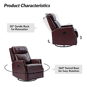 HULALA HOME Genuine Leather Swivel Rocker Recliner with Metal Base, Manual Glider Recliner Chair with Adjustable Backrest & Footrest, Modern Home Theater Sofa Chair for Living Room, Burgundy