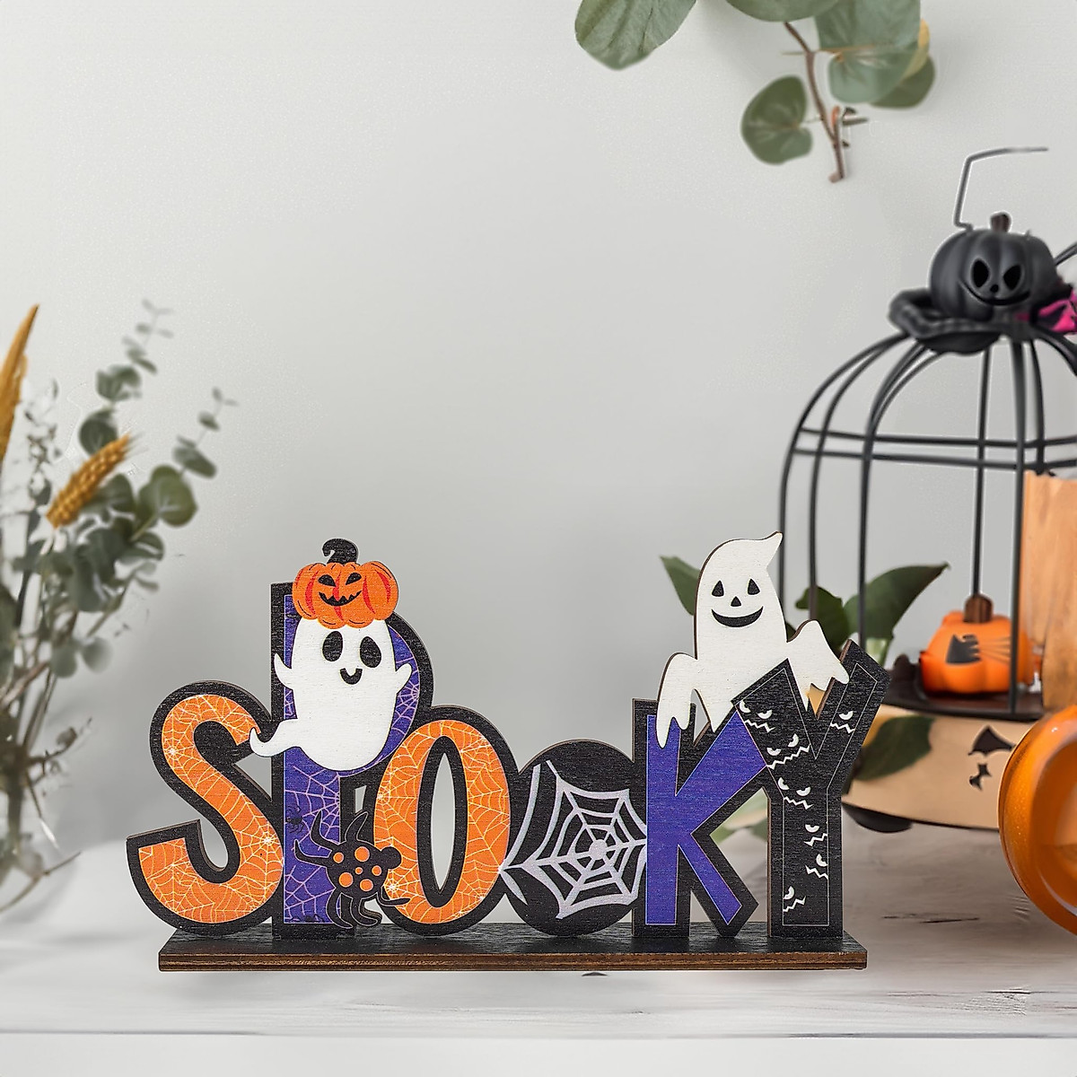NEROSUN 4 PCS Halloween Table Centerpiece Decorations, Pumpkin Ghost Wood Centerpiece Boo Spooky Signs, Trick or Treat Table Decor for Halloween Table Party Living Room Kitchen Office Bar