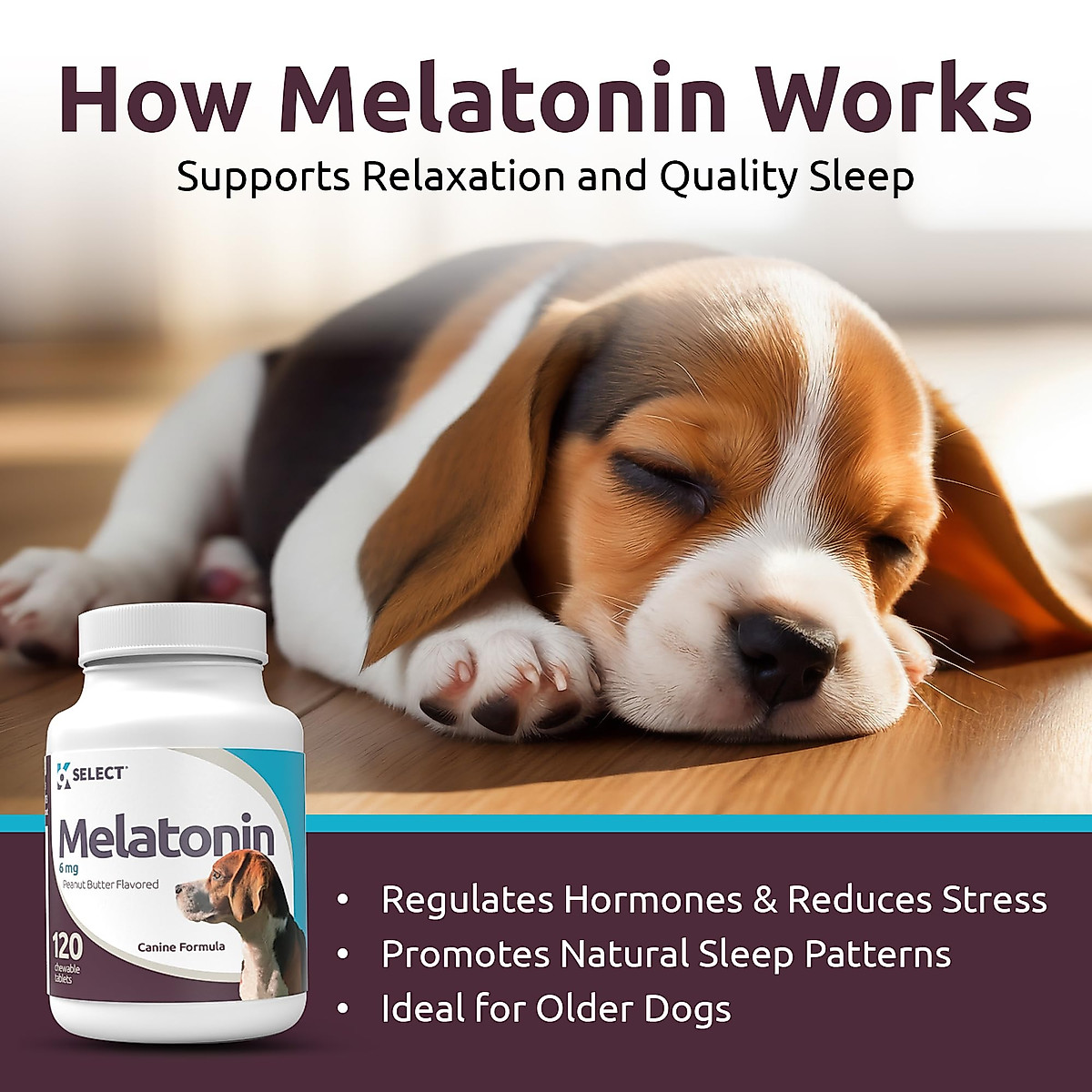 K9 Select Melatonin for Dogs - Calming Chews - Dog Melatonin for Sleep - Reduce Stress, Helps Composure Calming Treats for Large Dogs - 6 mg, 120 Peanut Butter Flavored Chewable Tablets