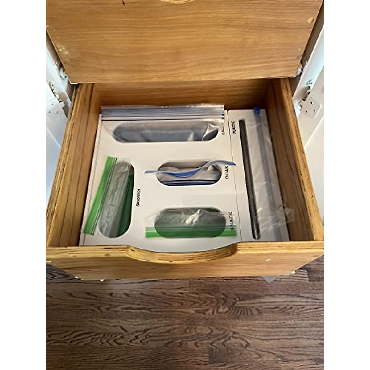 White Bamboo Plastic Bag & Food Wrap Organizer compatible with Ziploc Bags (Gallon, Quarter, Half-Gallon and Snack Sized), Saran Wrap, Tin Foil Organizer and Food Wrap Organizer