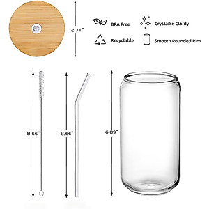 DAMCONME Glass Cups with Lids and Straws 1Pack,Glass Coffee Cups,Glass Cup with Lid for Iced Coffee,Smoothie,Cocktail,Beer,Whiskey,Soda,Matcha,16 Oz Glass Cup with Bamboo Lid,1 Brush