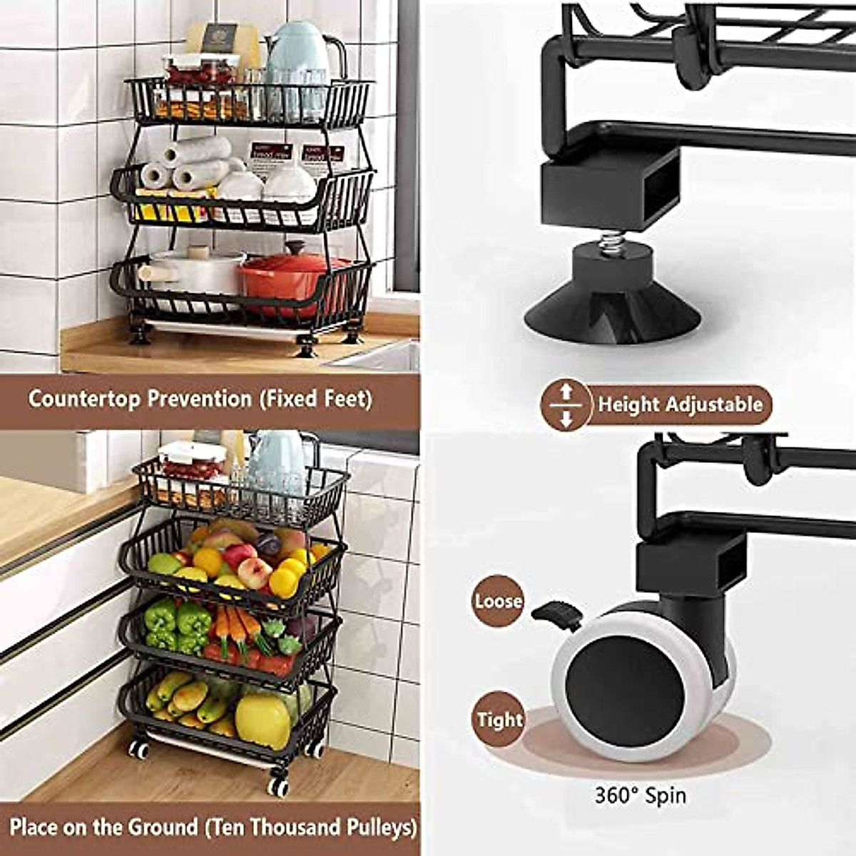 Multi-Tier Vegetable Storage Rack, Movable Stackable Fruit Vegetable Shelf, for Kitchen, Pantry, Bathroom, Garage, Living Room,4 Tier