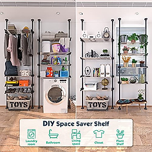 Lilyvane 4 Tiers Over The Toilet Storage, 97 to116” Adjustable Tension Pole Over Toilet Bathroom Organizer, Freestanding Bathroom Shelves Over Toilet for Most Showers Over The Toilet Shelf, Black