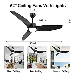REVOICI Black Ceiling Fan with Light Remote 52in 6Speed Silent Reversible Motor 3CCT Dimmable LED Adjustable Height Timer Memory Function Modern ABS Blades Vacation Mode flush Mount Indoor Outdoor Use