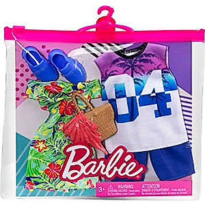 Barbie Ken Fashions 2-Pack Clothing Set, 1 Outfit & Accessory for Barbie Doll: Tropical Dress & Tote; 1 Outfit & Accessory for Ken Doll: Jersey & Board Shorts, Gift for Kids 3 to 8 Years Old