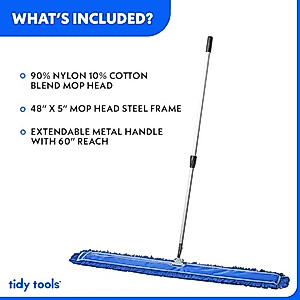 Tidy Tools Commercial Dust Mop & Floor Sweeper, 48 in. Dust Mop for Hardwood Floors, Reusable Dust Mop Head, Extendable Mop Handle, Industrial Dry Mop for Floor Cleaning & Janitorial Supplies, Blue