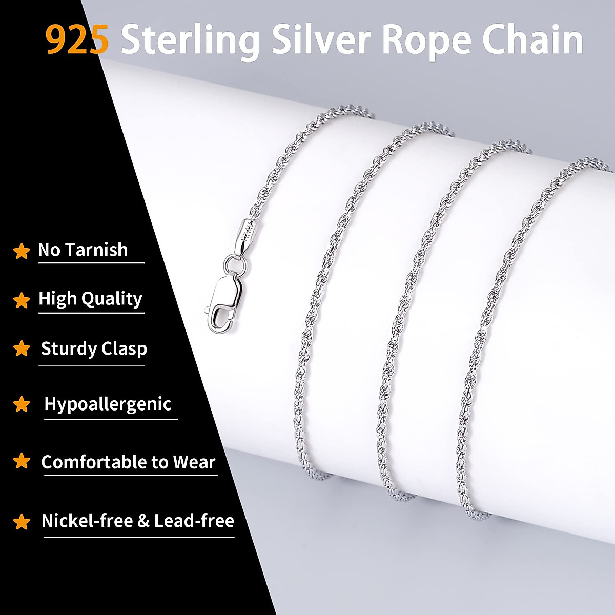 Jewlpire Diamond Cut 925 Sterling Silver Chain Rope Chain Italian Silver Necklace Chain for Women Men Super Shiny Durable 1.35mm Size 18 Inch
