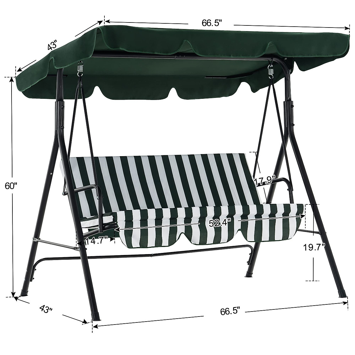 MCombo 2-3 Person Patio Swings with Canopy, Outdoor Porch Swing Chair with Steel Stand, Removable Cushions, for Backyard Garden Balcony 4008 (Green with White Stripes)