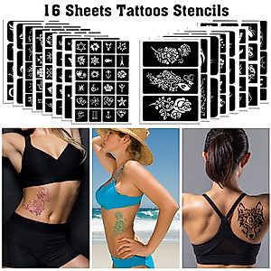 Qpout Tattoo Stencils For Kids Adults, 16 Sheets Henna Tattoo Stencil Kit, Small and Big Tattoo Stencils Designs, Tattoo Stencils for Real Tattoos, Skeleton Spider Owl Flower Butterfly Tribal Totem