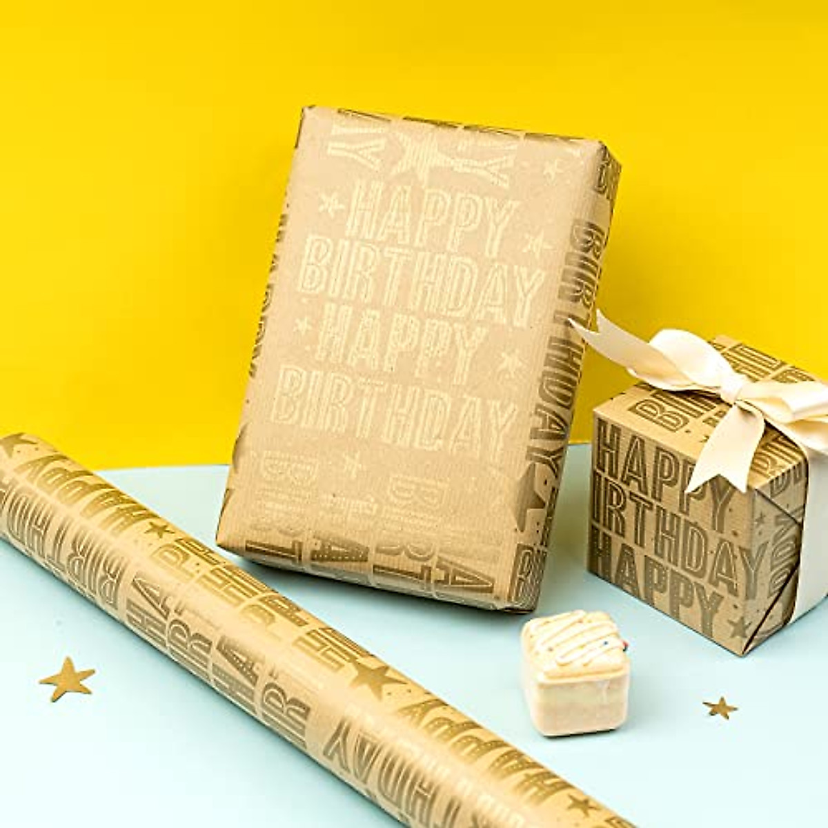 RUSPEPA Kraft Wrapping Paper Roll - Gold Happy Birthday Pattern Great for Birthday, Party, Baby Shower - 17.5 Inches X 32.8 Feet