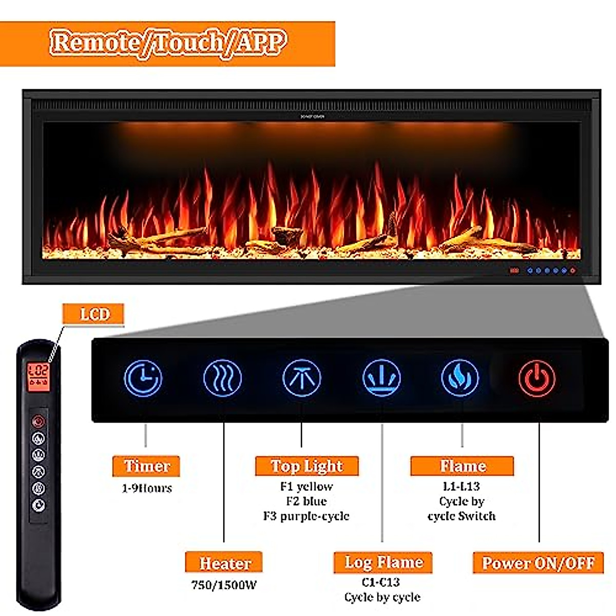 Benrocks 74'' Slim Electric Fireplace Inserts - WiFi-Enabled, Alexa & App Control, Recessed & Wall Mounted, 13 * 13 * 3 Flame Color Combinations, 750W/1500W, Black