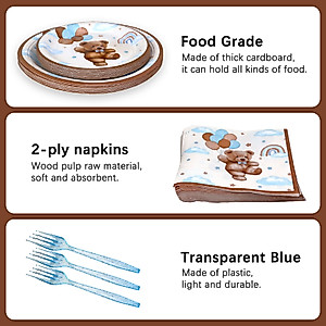 Teddy Bear Baby Shower Decorations Plates Set for 25,Boho Paper Plates Napkins Forks for Boy Brown Blue Tableware Birthday Party Supplies
