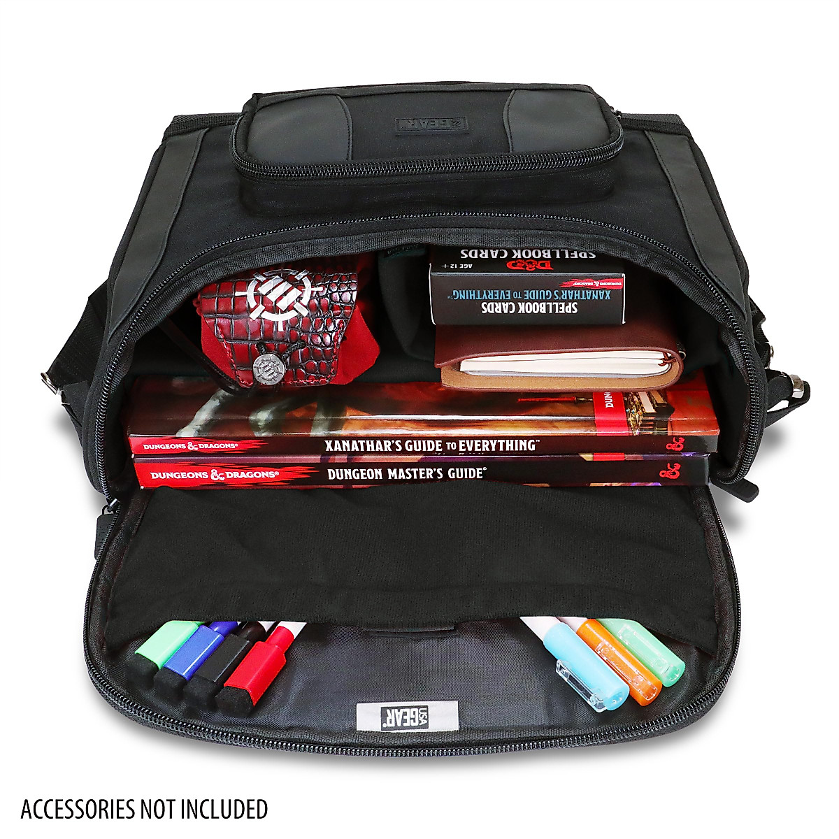 USA GEAR Compact Travel Bag Compatible with Dungeons and Dragons Accessories - Small DND Bag fits RPG Player Essentials, Player's Handbook, Character Sheets, Dice, Tokens, & Mini Player Items (Black)