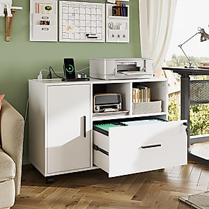 DEVAISE File Cabinet with Charging Station, 1-Drawer Lateral File Cabinets with Lock for Home Office, Wooden Rolling Printer Stand with Shelves, White
