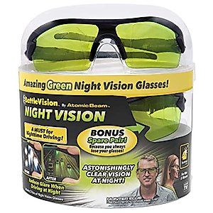 Battlevision As Seen On TV Night Vision Glasses 2 Pairs by BulbHead - Amazing Night Driving Glasses Protect Eyes From Blinding Headlight Glare - Green Lenses Enhance Clarity - Flexible Frames, 6 In