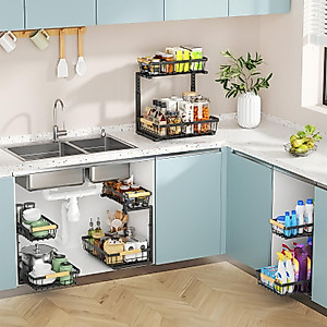 Under Sink Storage Organizer, 2 Tier Pull Out Sliding Under Sink Organizers and Storage Shelf Drawers for Bathroom Kitchen, 2 Pack Metal Adjustable Kitchen Bathroom Under Cabinet Organizer Storage.
