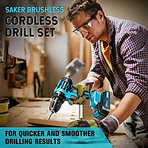 Saker Cordless Drill Set, Brushless 20V Electric Drill with Drill Bits, 3/8-Inch Keyless Chuck, 2 Variable Speeds, 430 In-lbs Torque Battery Power Screwdriver Driver for Plastic, Wood, Metal, Screws