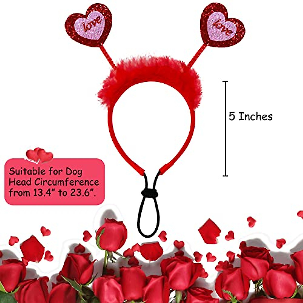 GOYOSWA Dog Valentines Outfit, Dog Valentine's Day Clothes Red Love Hearts Dog Headband Dog Collar with Red Ribbons Holiday Costumes for Small Medium Large Dogs