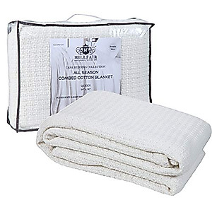 HILLFAIR 100% Soft Premium Combed Cotton Thermal Blanket– Queen Blankets– Soft Cozy Warm Cotton Blanket– Bed Throw Blanket– Queen Bed Blankets– All Season Cotton Blanket– Ivory Queen Cotton Blankets