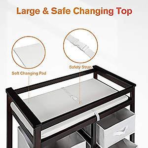 Obbao Changing Table, Baby Changing Table, Changing Table with Hamper, 3 Storage Baskets Drawers, Safety Strap and Removable Pad, Brown