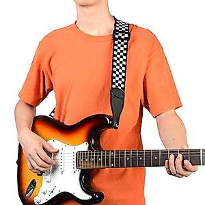 Guitar Strap, Bass Guitar Strap, Electric and Acoustic Guitar Straps - Durable Nylon Checkered Guitar Shoulder Strap with Leather Ends (Black and White Checkered)