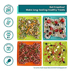 LickiMat Slow Feeder for Dogs, Boredom & Anxiety Reducer; for Food, Treats, Yogurt, or Peanut Butter. Fun Alternative to a Slow Feed Dog Bowl, 2-Pack Classic Dog Buddy & Soother, Green & Orange.