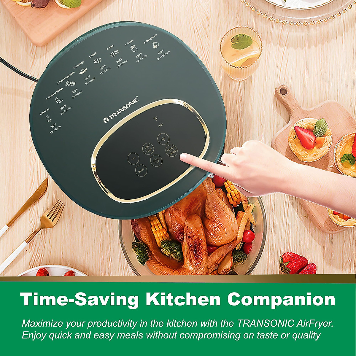 Transonic Glass Basket Air Fryer Oven, 4 Quart Non Toxic Non Stick Easy Cleaning Borosilicate Glass Basket, 8 Cooking Presets, Touch Digital Controls