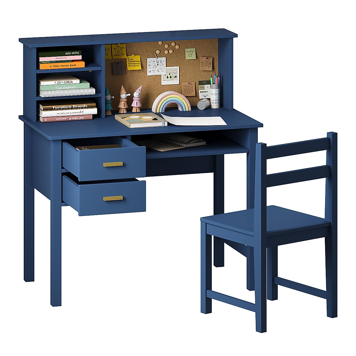 wanan Kids Desk and Chair Set, Wooden Children Study Table with Hutch/Drawer & Bulletin Board, Student Study Desks Computer Desk Art Desk for Bedroom Study Room (Blue)