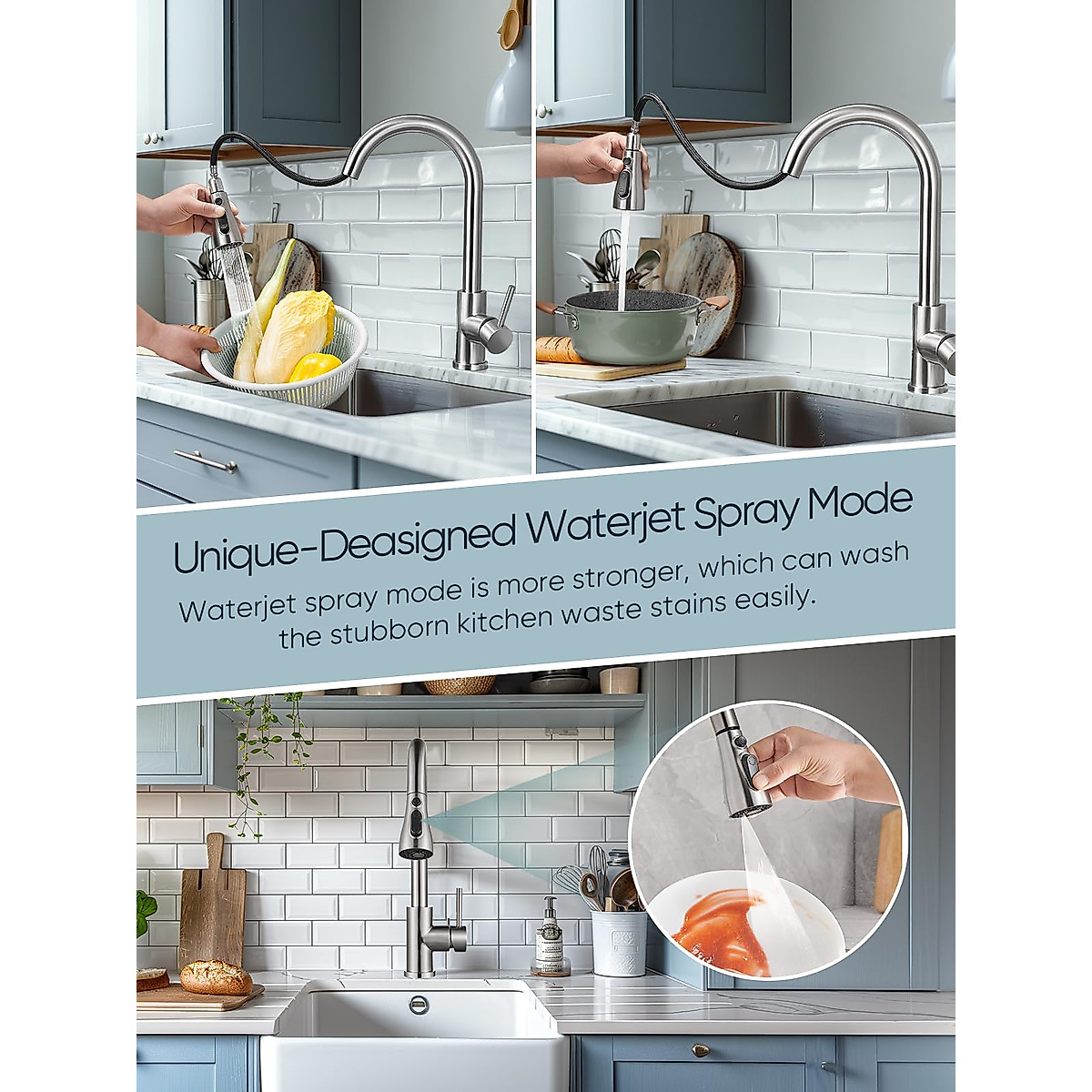 Cobbe Kitchen Faucet Head Replacement, Pull Down Spray Head for Kitchen Sink Faucet, 3 Function Kitchen Sink Sprayer Replacement with 12 Faucet Adapter, American Standard, Brushed Nickel