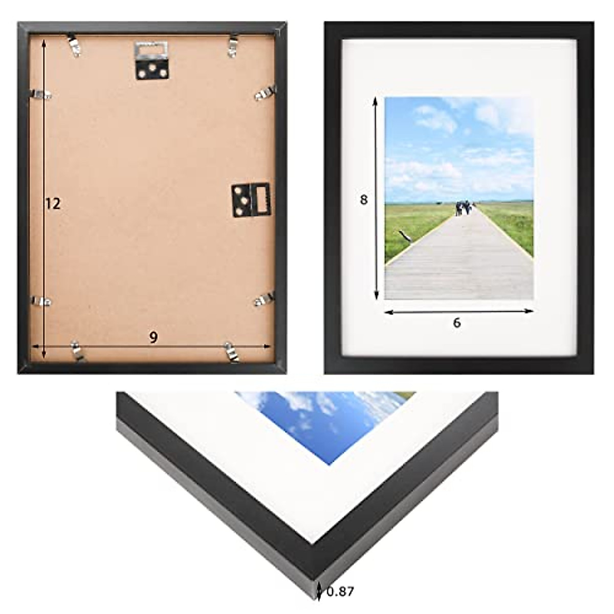 Aynoo 9x12 Picture Frame Wooden Picture Frame Display Pictures 6x8 Picture Frame with Mat or 9x12Without Mat, HD Minimalism Black Wood Picture Collage Photo Frames for Wall Mounting 9x12 (1 Pack)