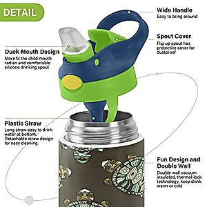 MAOBLYR 12 oz Tortoise Cartoon Black Kids Water Bottle with Straw,BPA Free Spout Cover Leakproof Vacuum Insulated Stainless Steel Bottle for Boys Girls