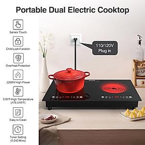 VBGK Electric cooktop,110V 24 inch 2 Burner Electric Cooktop,Built-in and Countertop Electric Stove Top,2200W Electric Stove,9 Power Levels, Kids Lock & Timer,LED touch control,Overheat Protection