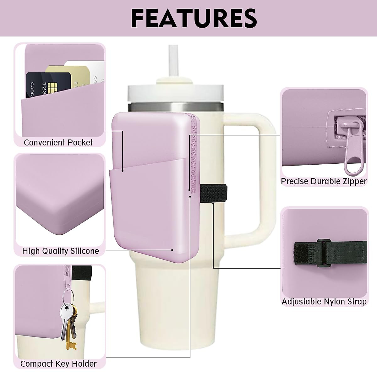 Silicone Water Bottle Pouch for Stanley, Stanley Fanny Pack with Pocket, Stanley Cup Accessories for Stanley Quencher Stanley IceFlow 20 oz 30 oz 40 oz, for Phone, Card, Key, Wallet, Earphone (Purple)