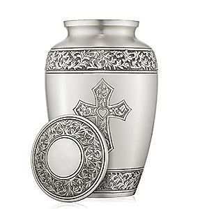 Reminded Adult Cremation Memorial Urn for Human Ashes, Pewter Etched Cross Brass Funeral Urn with Velvet Bag