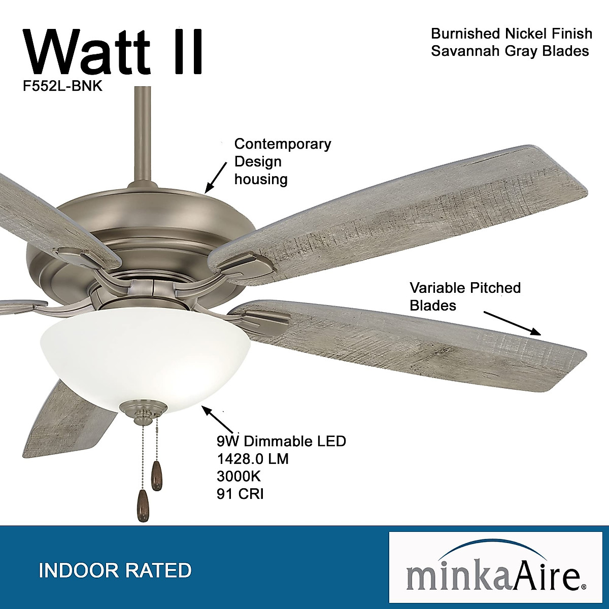 MINKA-AIRE F552L-BNK Watt 60 Inch LED Energy Star Rated Ceiling Fan with DC Motor and 4 Speed Pull Chain in Burnished Nickel Finish